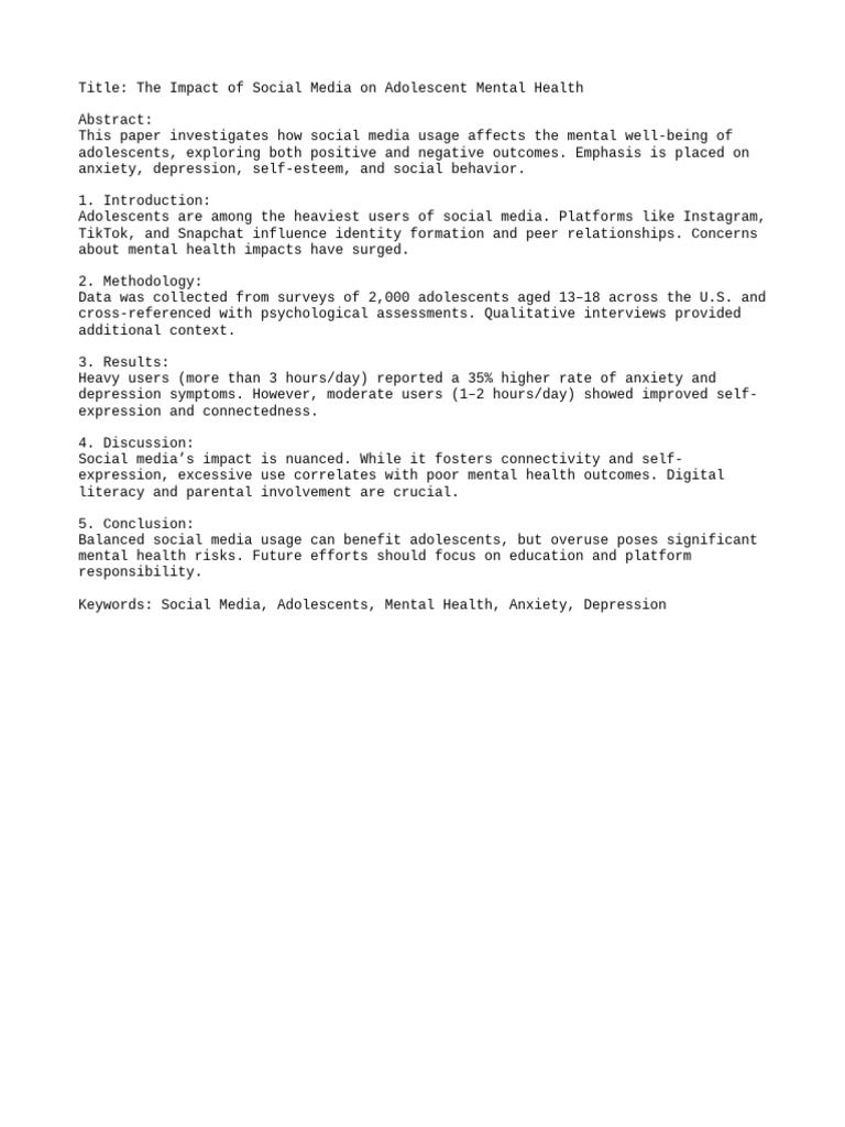 Social Media Adolescent Mental Health | PDF