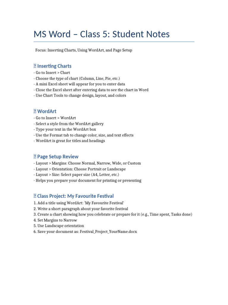 MS Word Class5 Student Notes | PDF