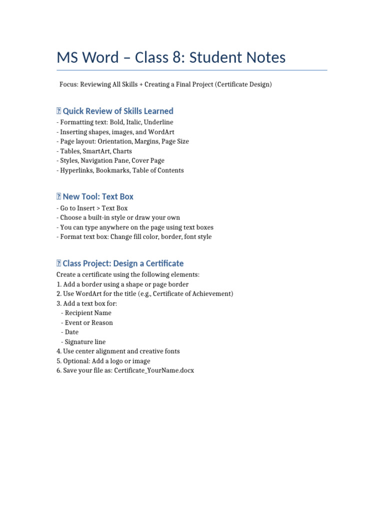 MS Word Class 8 Project: Certificate Design | PDF