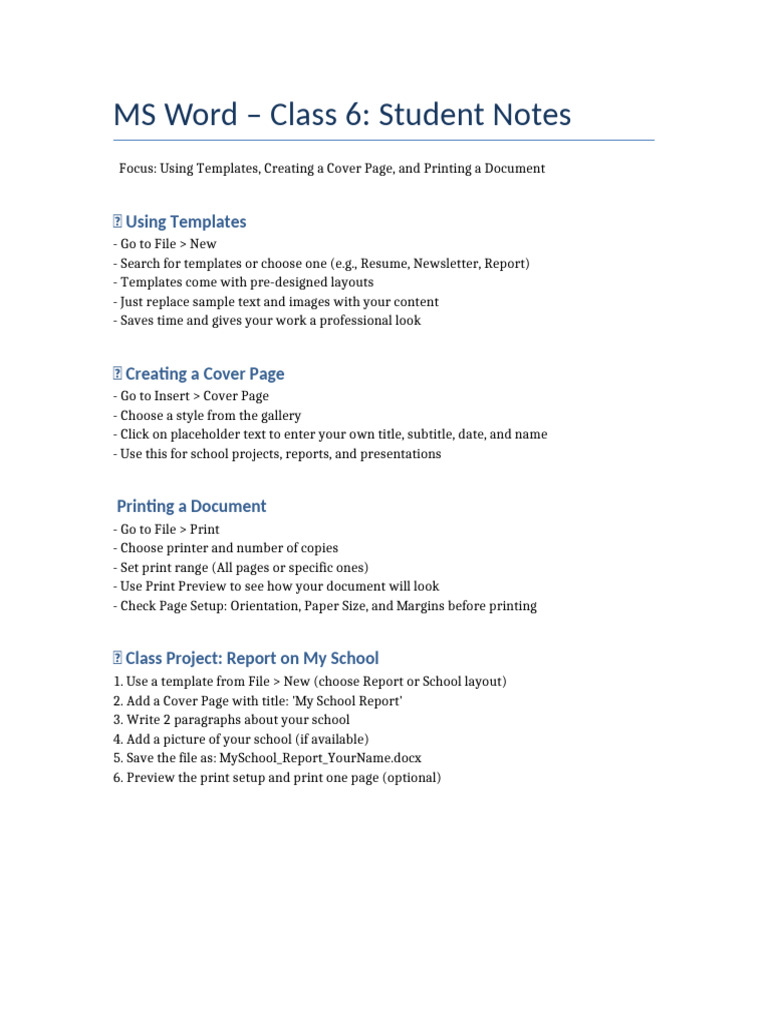 MS Word Guide for Class 6 Students | PDF
