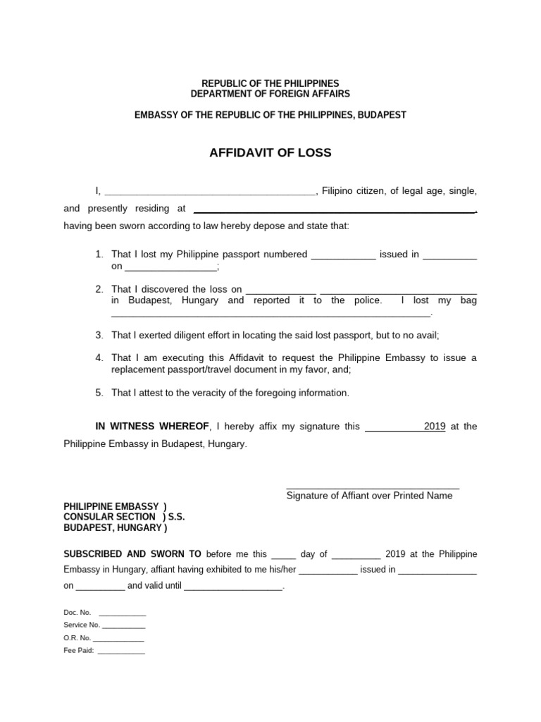 Affidavit of Loss for Philippine Passport | PDF