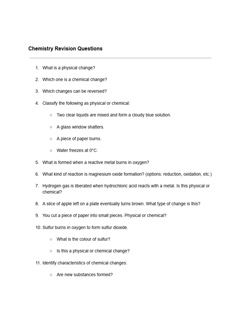 ? Chemistry Revision Questions | PDF | Chemical Reactions | Acid