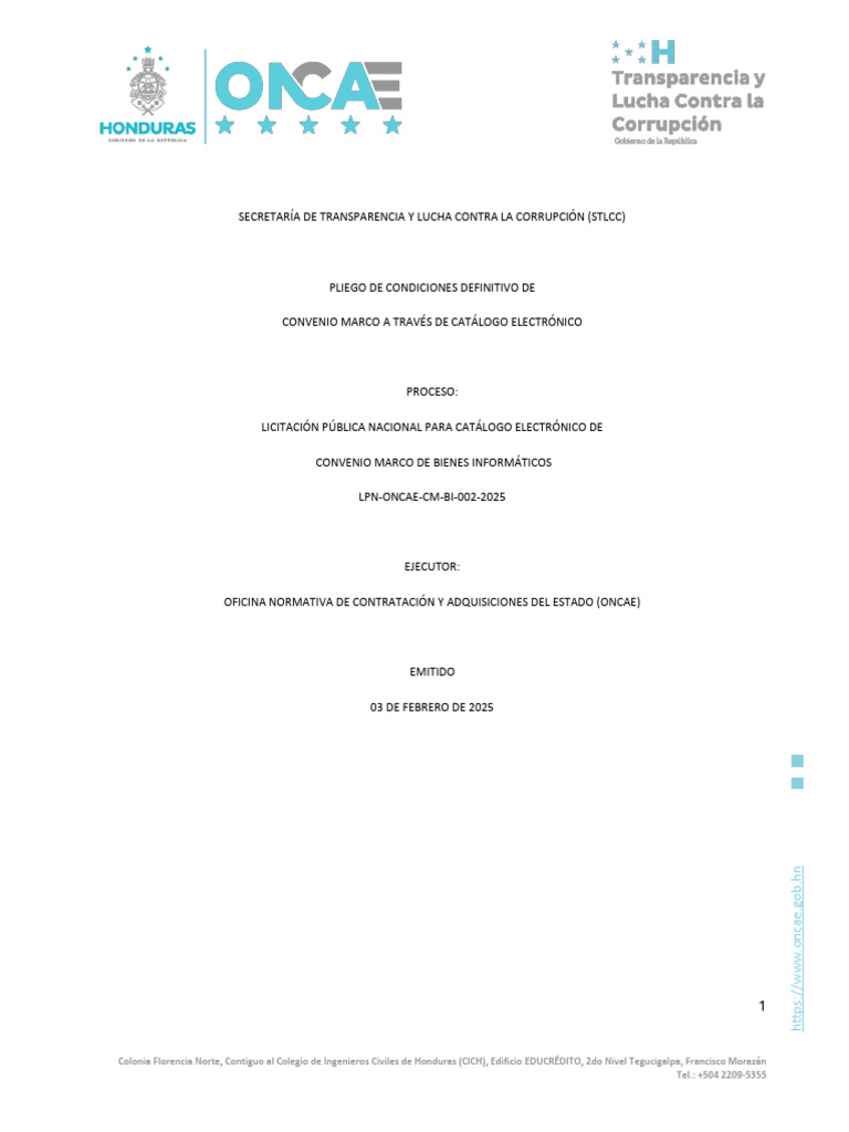 Pliego de Condiciones Licitación ONCAE 2025 | PDF | Administración ...