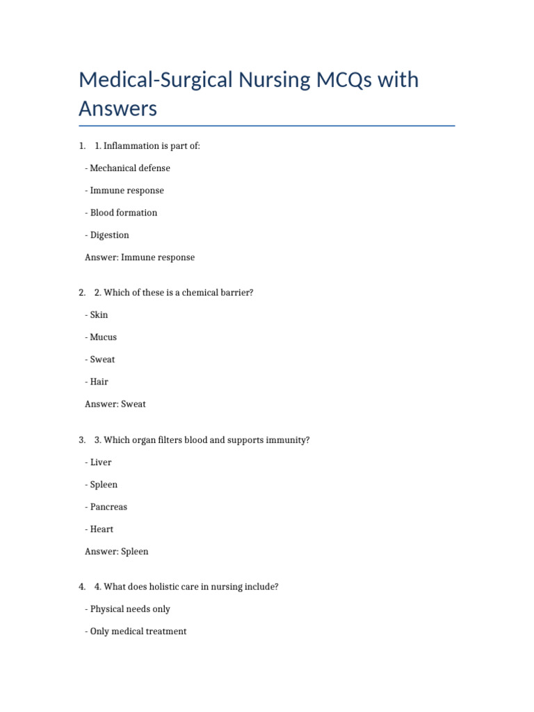 Medical-Surgical Nursing MCQs & Answers | PDF | Surgery | Immune System