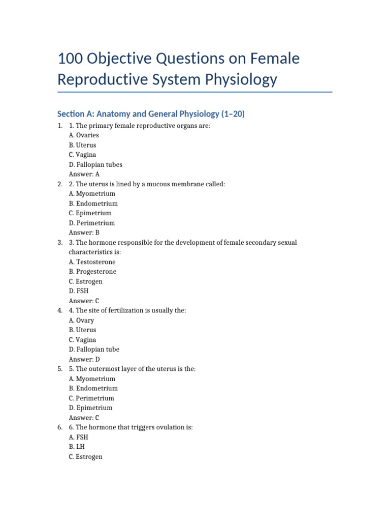 Female Reproductive System Physiology Questions | PDF | Menstrual Cycle ...