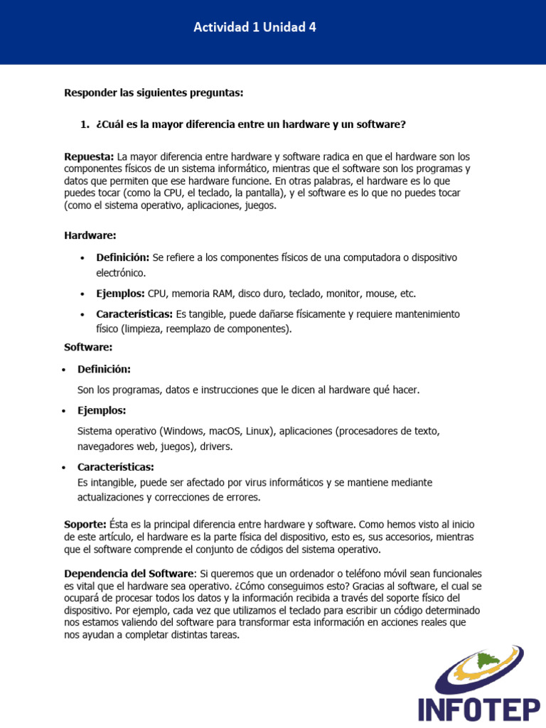 Actividad 1 Unidad 4 INFOTEP | PDF | Periférico | Hardware de la computadora