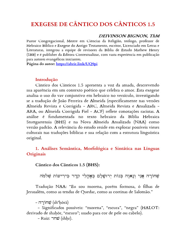 Exegese de Cântico 1:5 e Traduções Raciais | PDF | Bíblia | Cântico dos ...