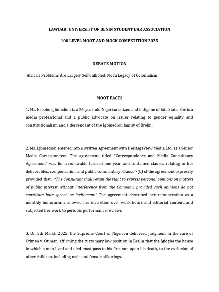 Lawbar 100l 2025 Moot Facts and Debate Motion | PDF | Mootness | Breach ...