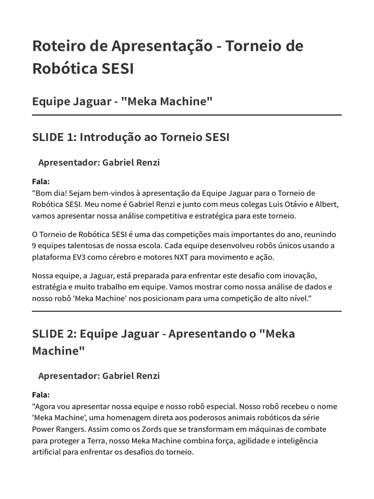 Roteiro de Torneio de Robótica SESI | PDF | Robô | Robótica