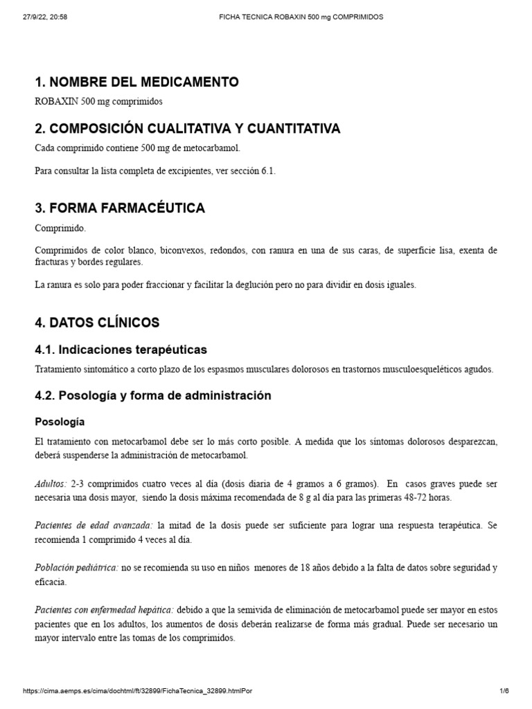 Ficha Técnica de Robaxin 500 mg | PDF | El embarazo | Farmacocinética