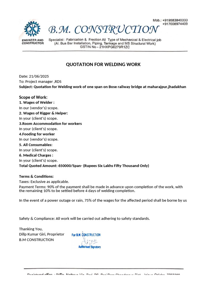 Welding Work Quotation | PDF
