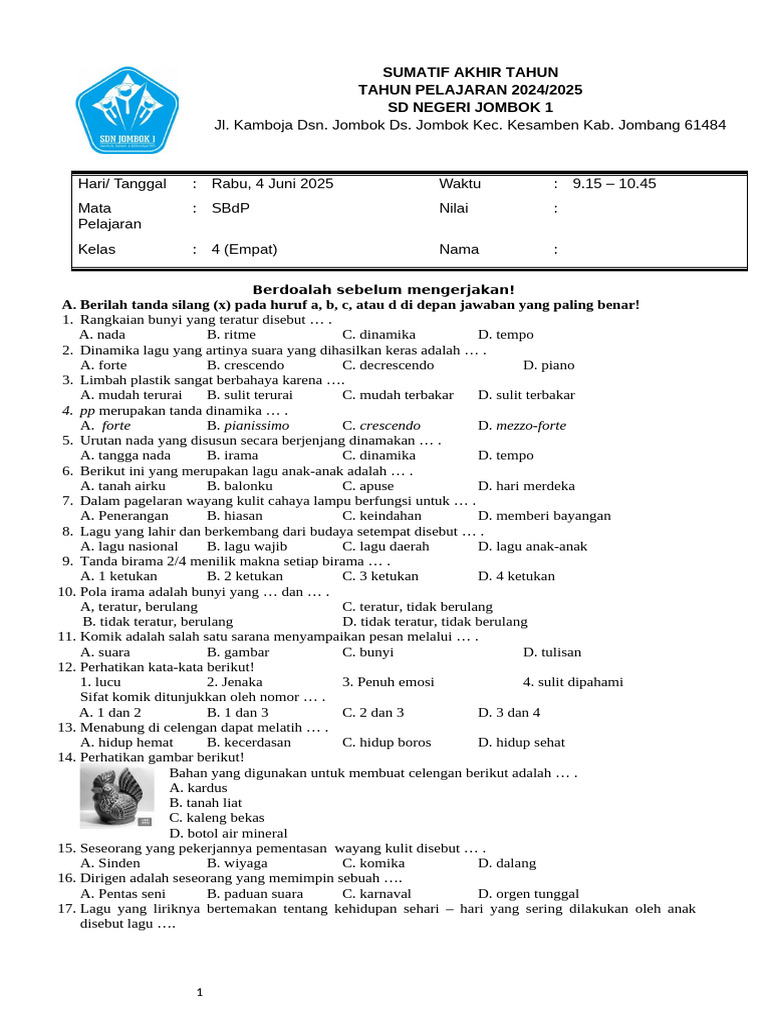 Ujian SBdP Kelas 4 SD Jombok 2025 | PDF