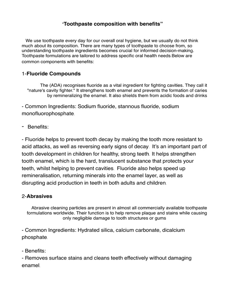 Toothpaste Composition With Benefits | PDF | Tooth Enamel | Dentistry