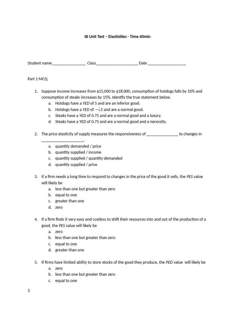 IB Elasticities Practice Exam Quiz | PDF | Price Elasticity Of Demand ...