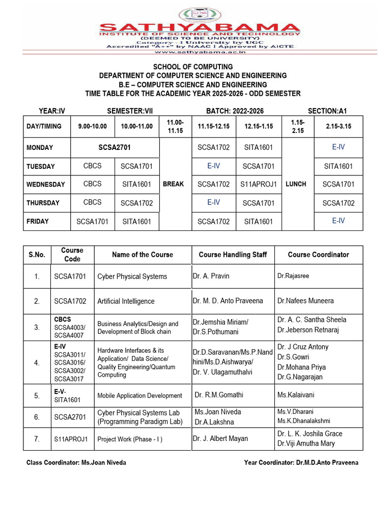 2025-2026 B.E. Computer Science Timetable | PDF | Computing | Computer ...
