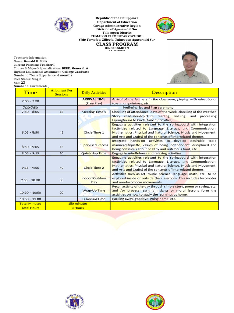 Class Program Kinder, 1&2 | PDF | Teachers | Learning