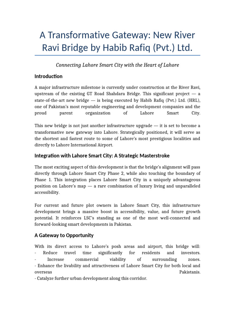 Enhanced New Ravi Bridge Lahore Smart City | PDF | Lahore | Planning