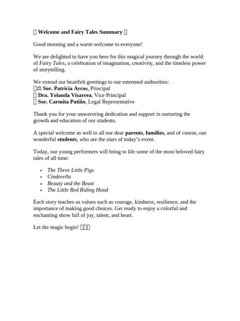 ? Welcome and Fairy Tales Summary ? | PDF