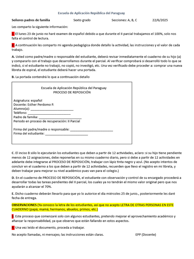 Reposición II PARCIAL EARP SextoABC | PDF