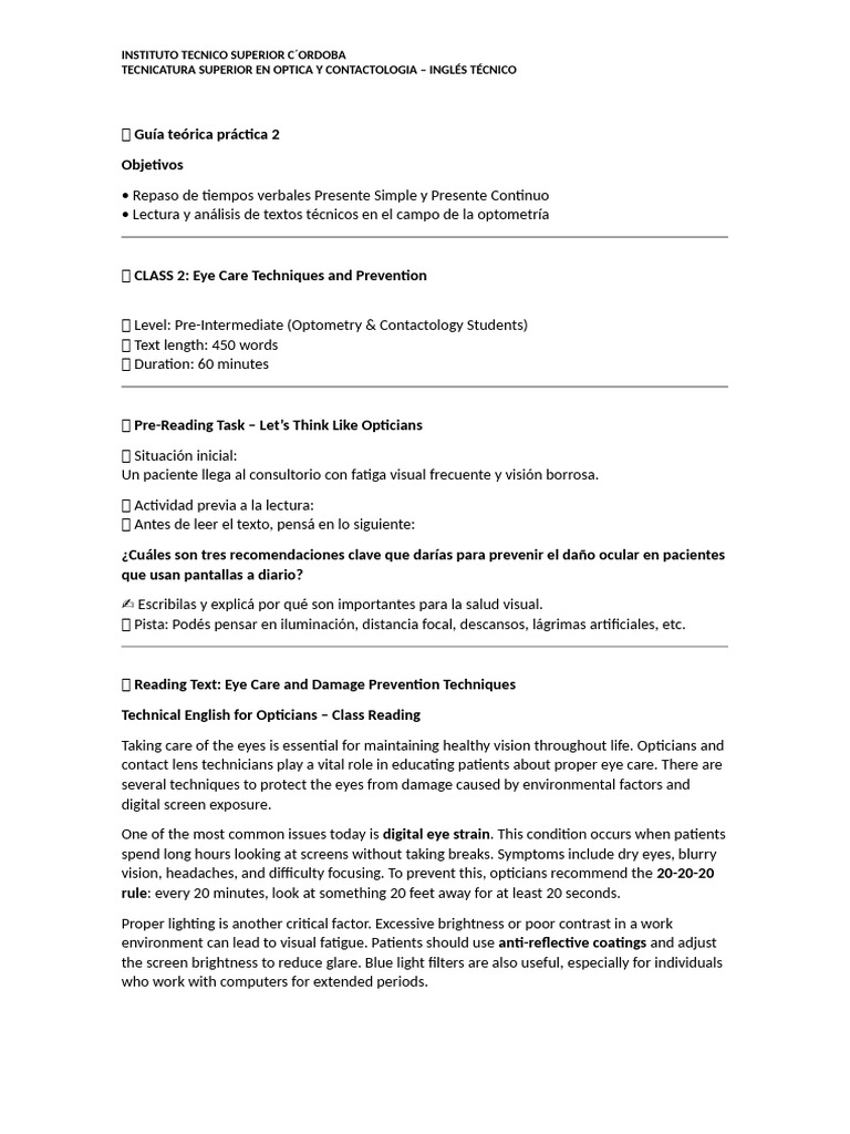 Guia 2 Reading Activities | PDF | Lentes | Ojo
