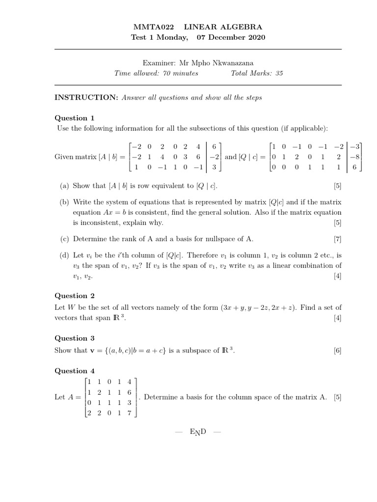 Linear Algebra Test 1 Questions | PDF