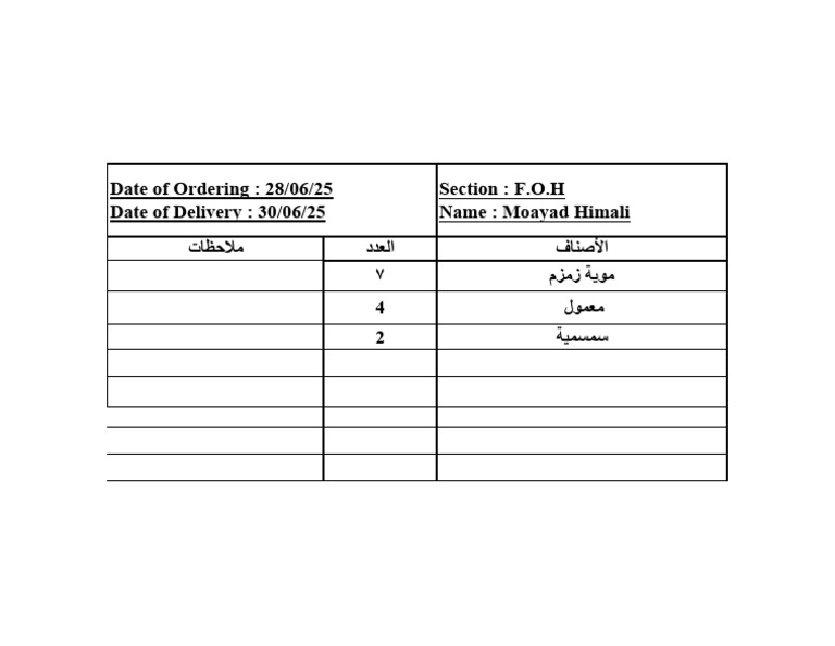 F.O.H Order Sheet Napco-2 | PDF