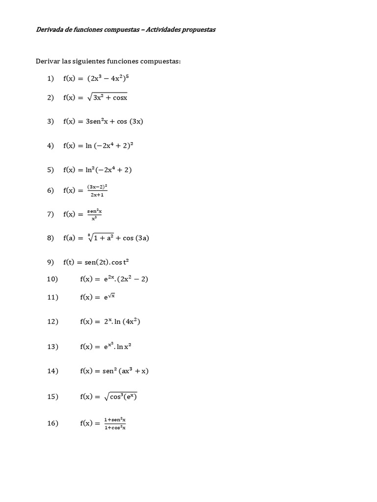 Ejercicios de Derivadas Compuestas | PDF