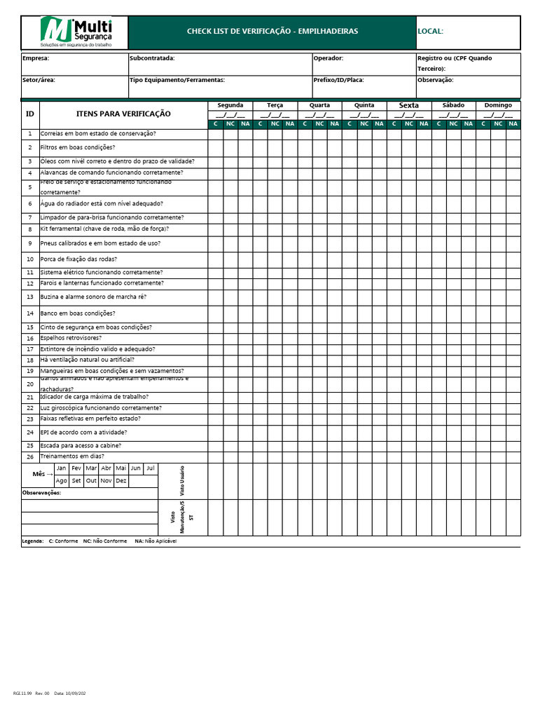 RGI.11.99 - Check list - Empilhadeira_Rev00 modelo de check list | PDF
