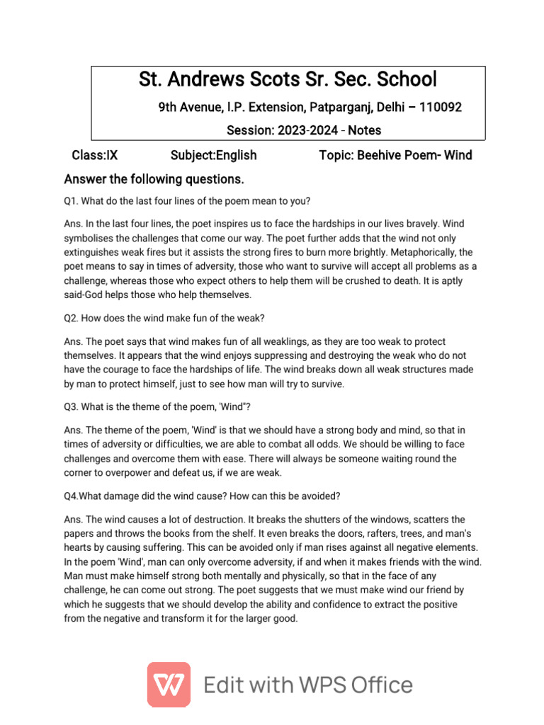 English - Beehive Poem - Wind Notes (IX) | PDF