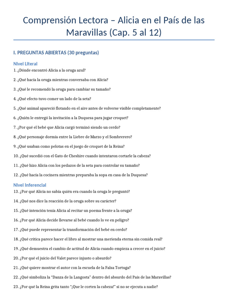 Evaluacion Alicia en El Pais de Las Maravillas | PDF | Las aventuras de ...