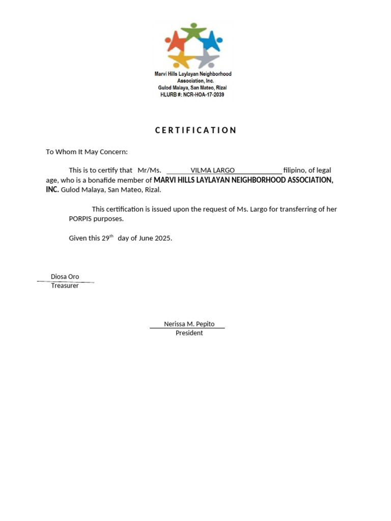 Certification: Marvi Hills Laylayan Neighborhood Association, Inc | PDF
