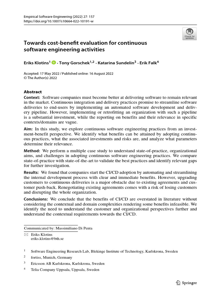 53 Towards Cost-Benefit Evaluation For Continuous Software Engineering Activities | PDF | Cost ...