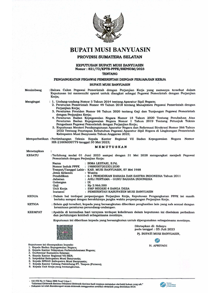 SK PPPK Irma Lestari | PDF