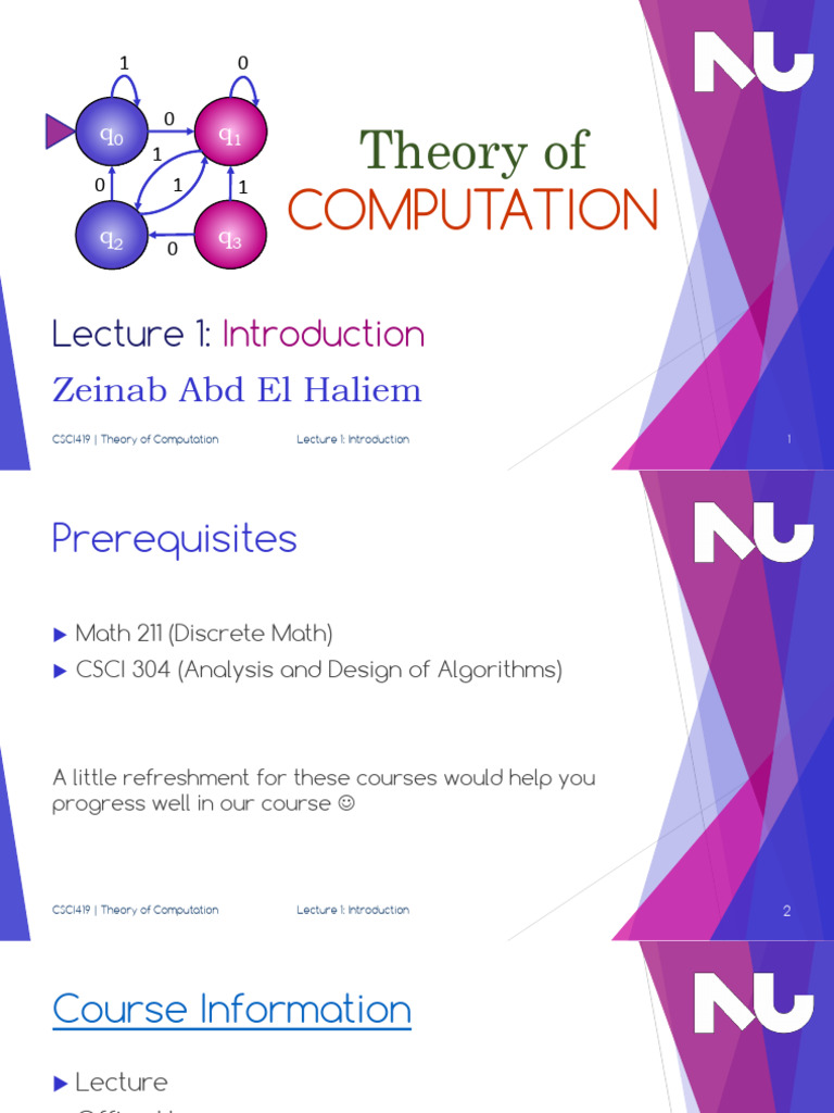 CSCI 419 Lecture 1 Introduction | PDF | Theory Of Computation | Automata Theory