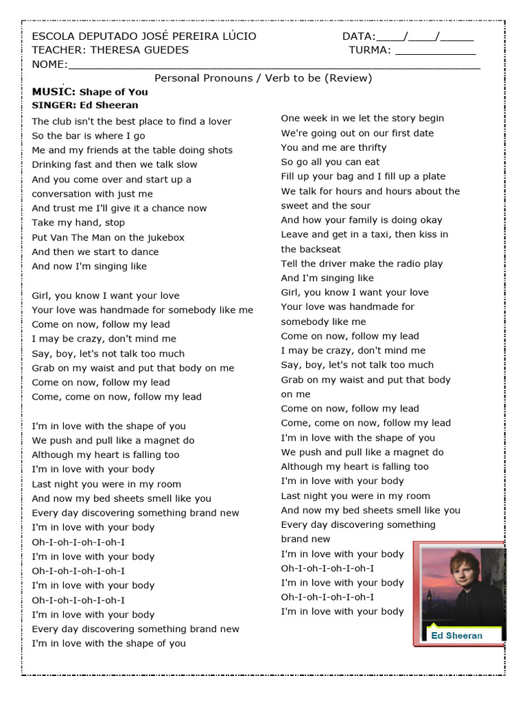 Aula 2 - Review - Personal Pronouns and Verb To Be - Music (Shape of ...