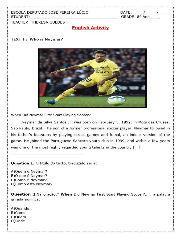 Atividades de Inglês sobre Neymar e Híbridos | PDF