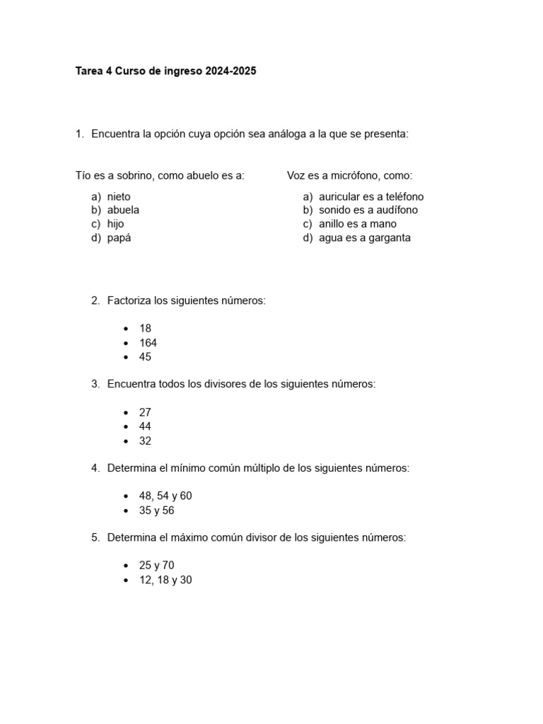 Tarea 4 Curso de Ingreso 2024-2025 | PDF