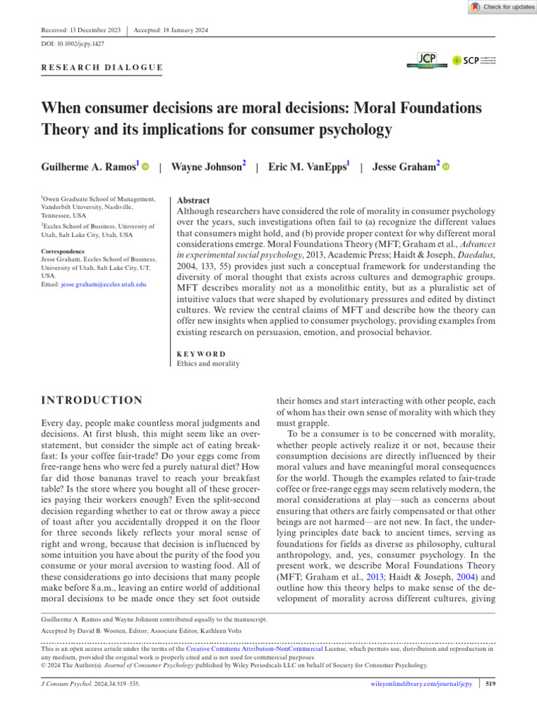 J Consum Psychol - 2024 - Ramos - When Consumer Decisions Are Moral ...