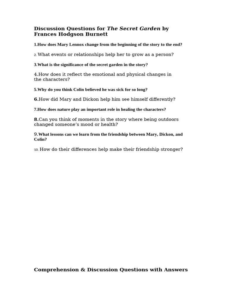 Discussion Questions for The Secret Garden | PDF | The Secret Garden