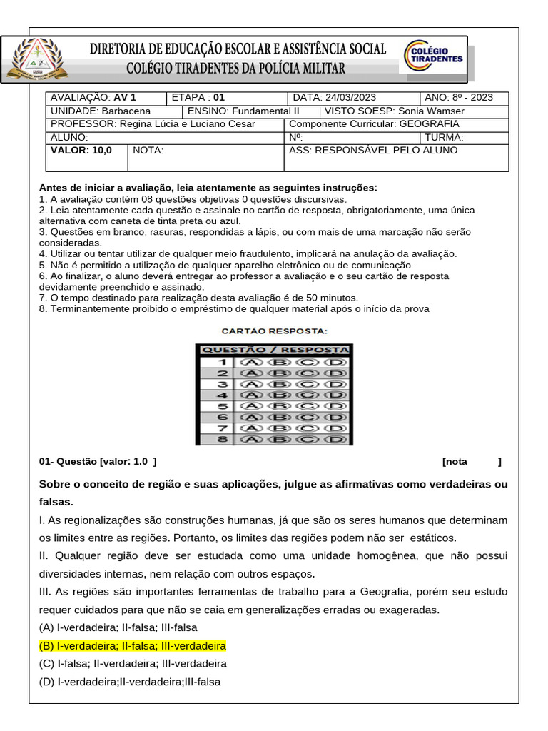 8º Ano AV1 1 Etapa 2023 - Regina e Luciano | PDF | Estado | Brasil