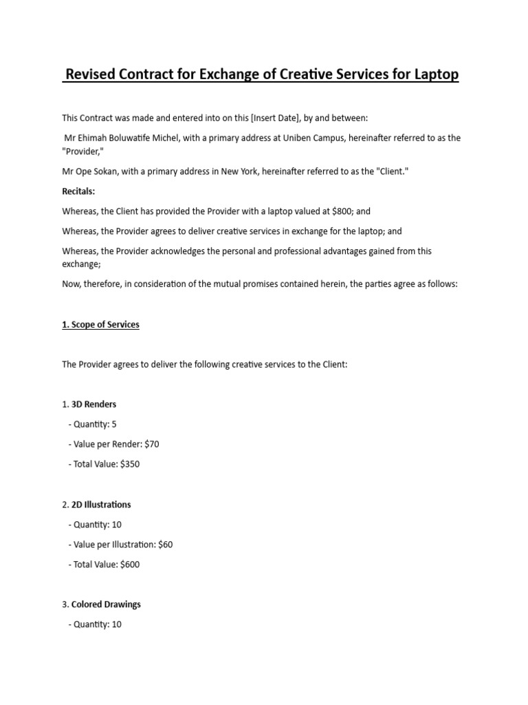 Revised Contract For Exchange of Creative Services For Laptop | PDF