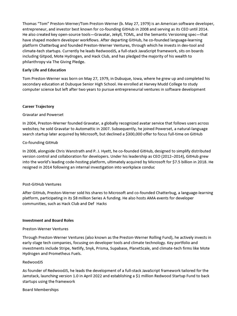 Github Founder Tom Summary Preston-Werner 2025 | PDF | Software ...