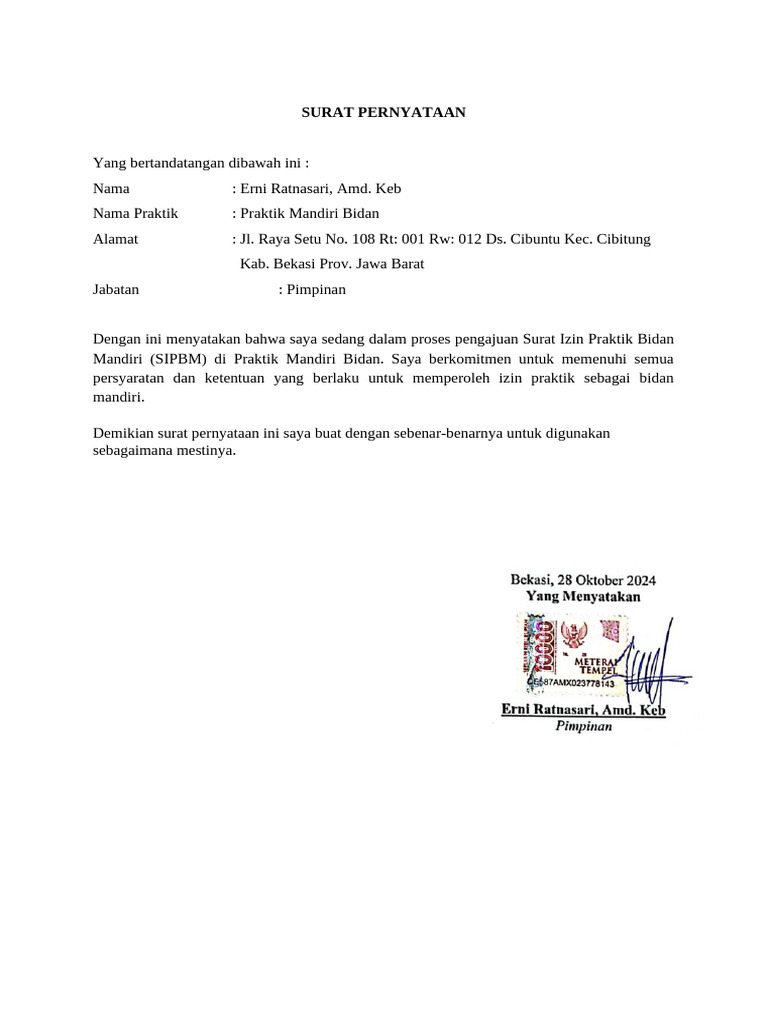 SURAT PERNYATAAN Sedang Dalam Proses Pengajuan Surat Izin Praktik Bidan Mandiri (SIPBM) | PDF