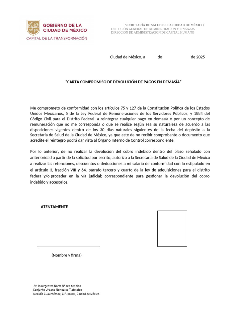 Beca Estatal Anexo 5. Carta Compromiso de Devolución de Pagos en Demasía | PDF
