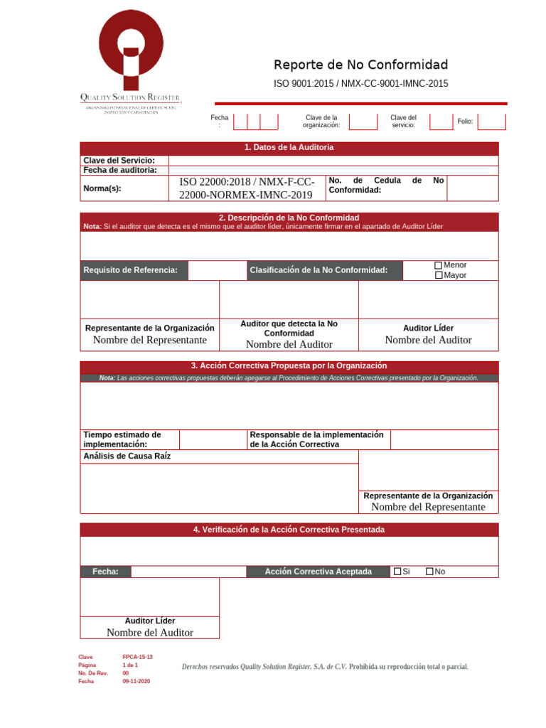 Fpca 15 13 Reporte De No Conformidad Pdf Auditoría 4462