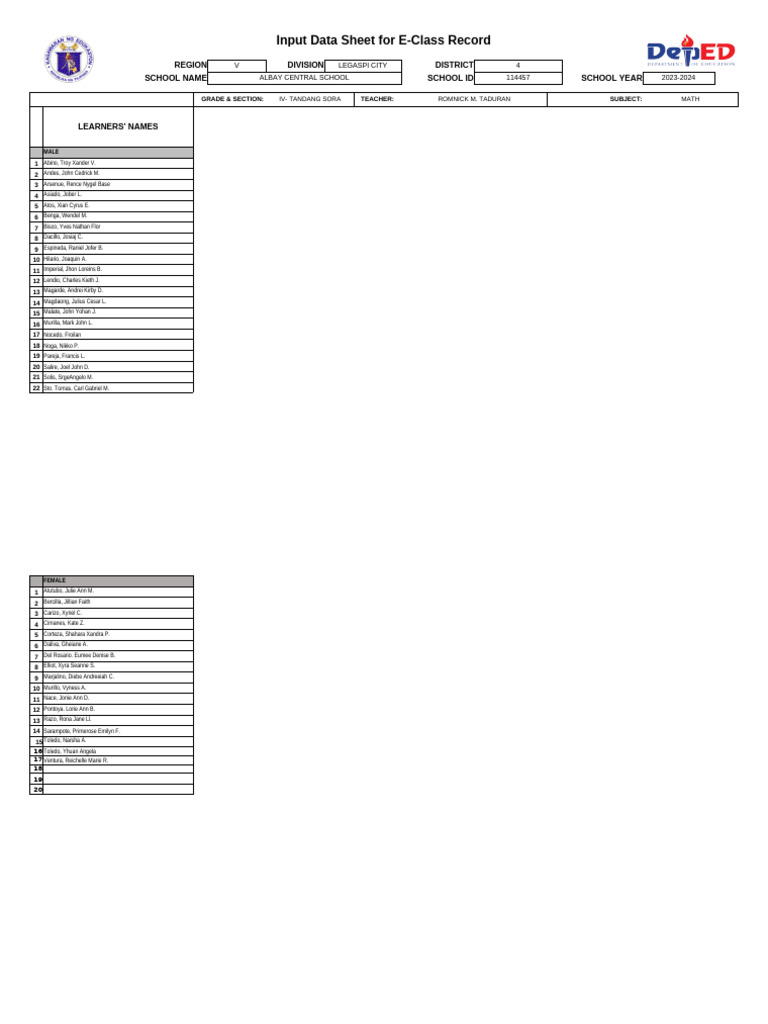 E-Class Record for Grade IV Math | PDF