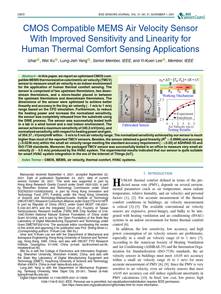 CMOS Compatible MEMS Air Velocity Sensor With Improved Sensitivity and Linearity For Human ...
