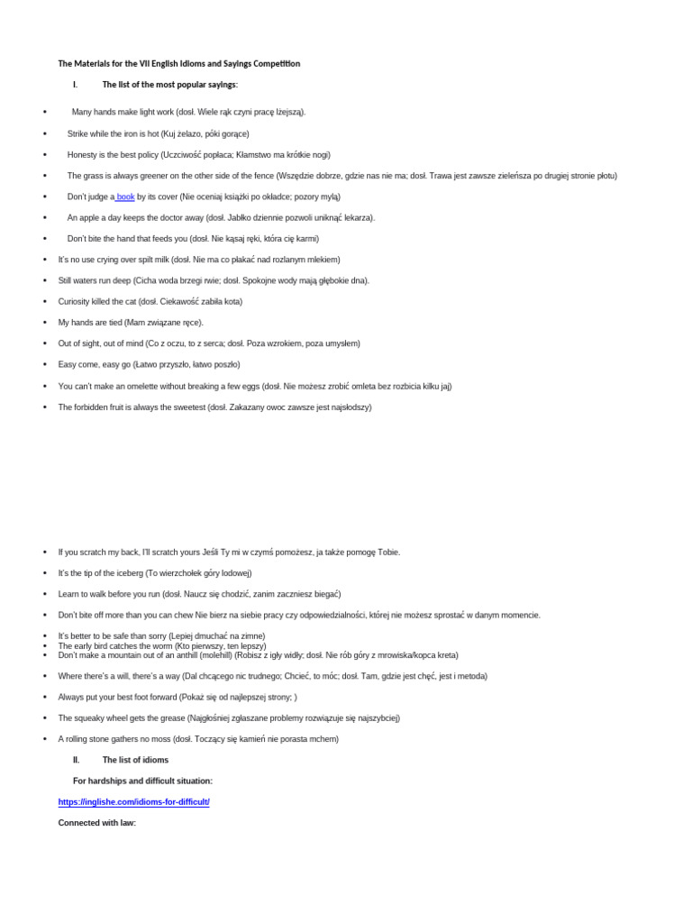 The Materials For The VII English Idioms and Sayings Competition | PDF