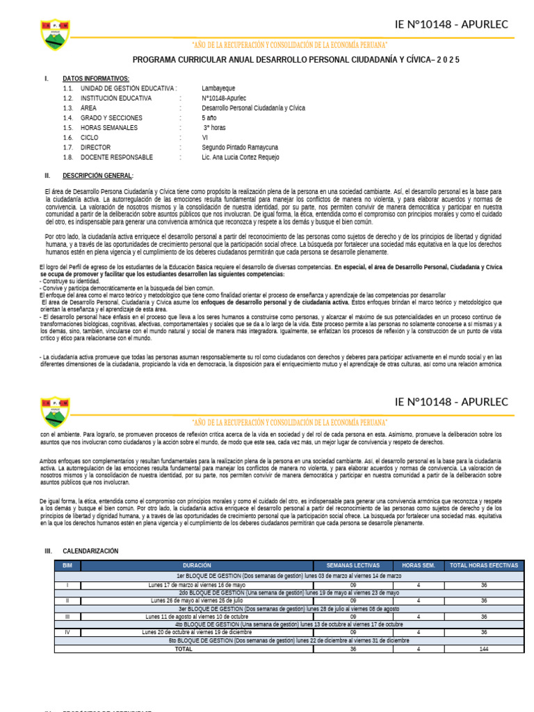 Programacion Anual 5° DPCC 2025 | PDF | Aprendizaje | Enseñando
