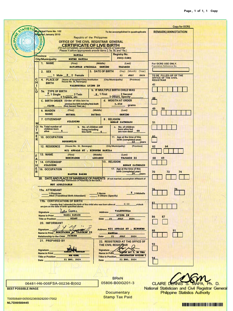 Certificate of Live Birth Form | PDF | Social Institutions